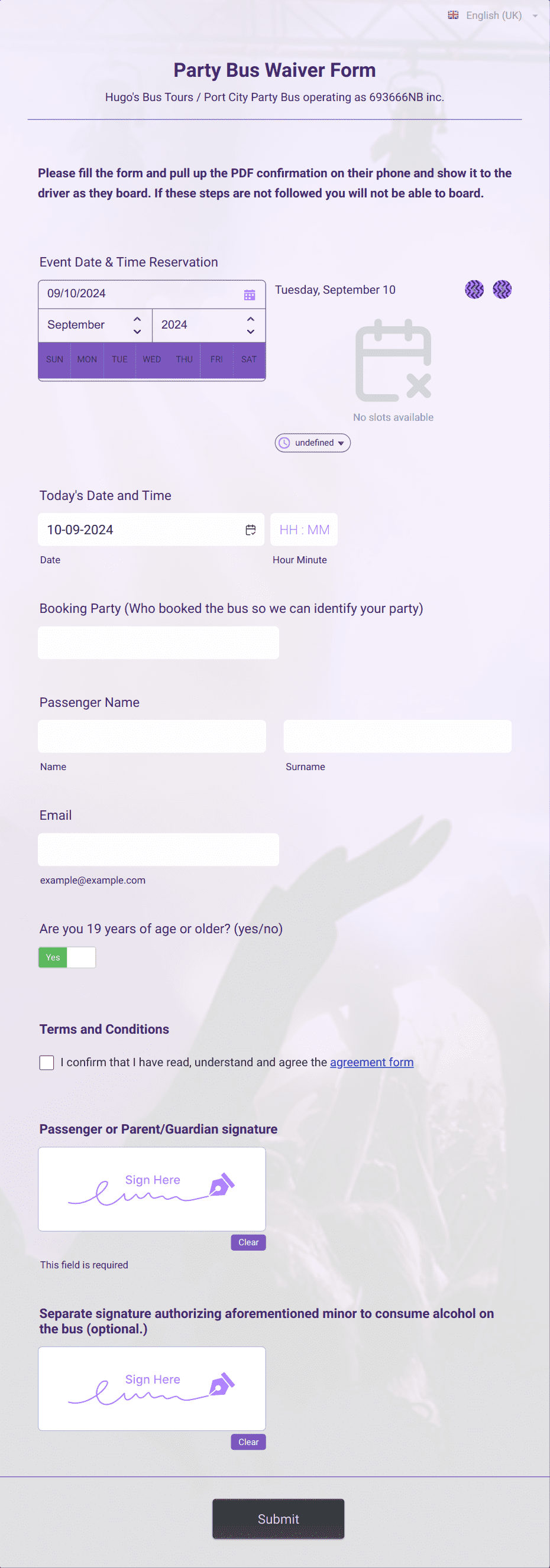 Party Bus Waiver Form Template | Jotform