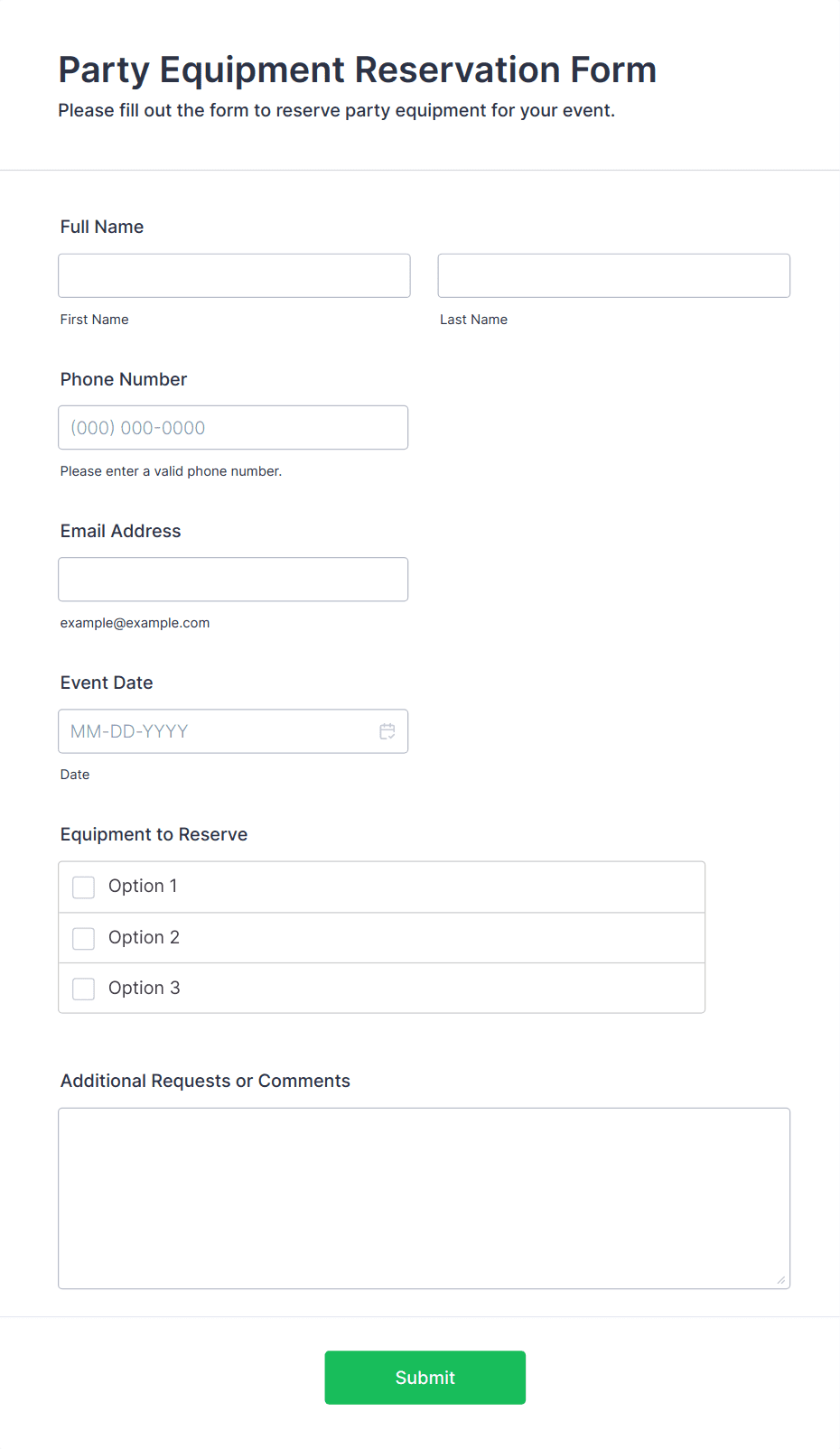 Party Equipment Reservation Form Template | Jotform