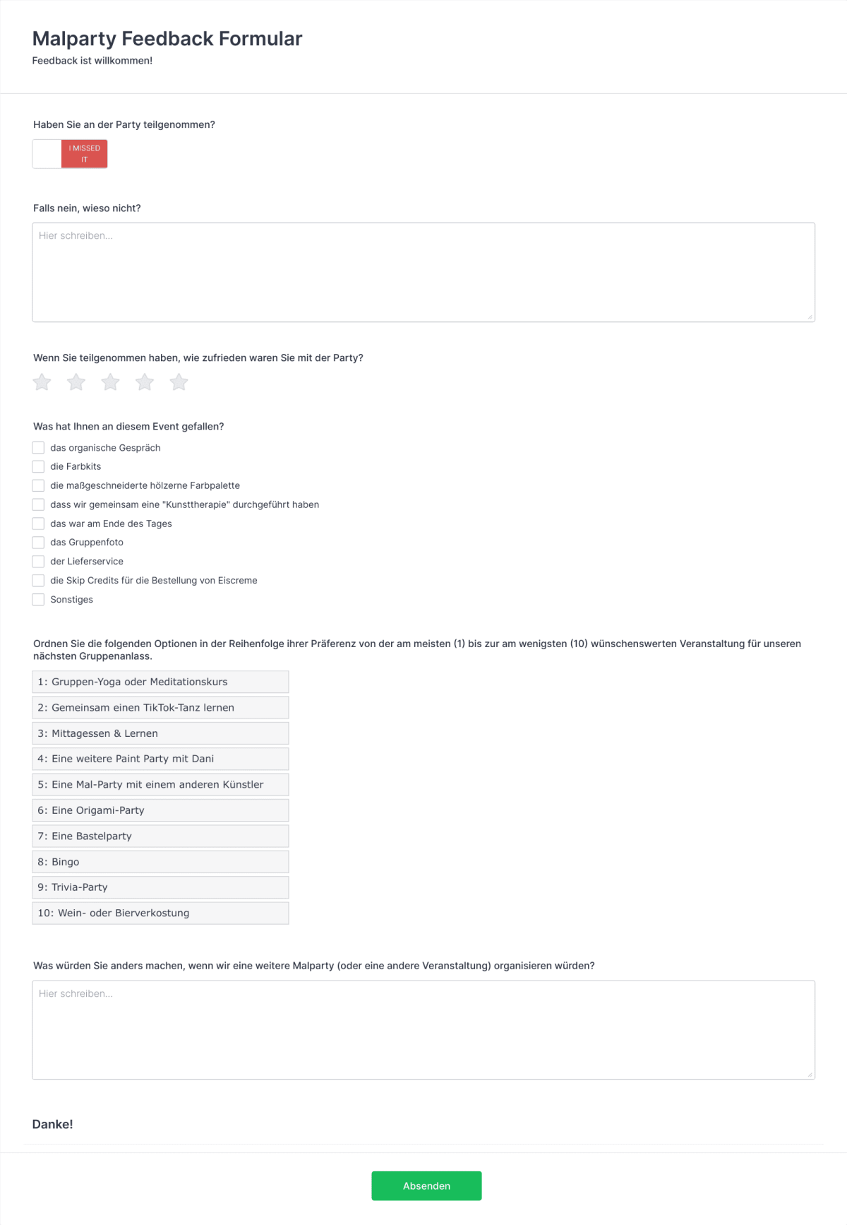 Party Feedback Formular Formularvorlage | Jotform