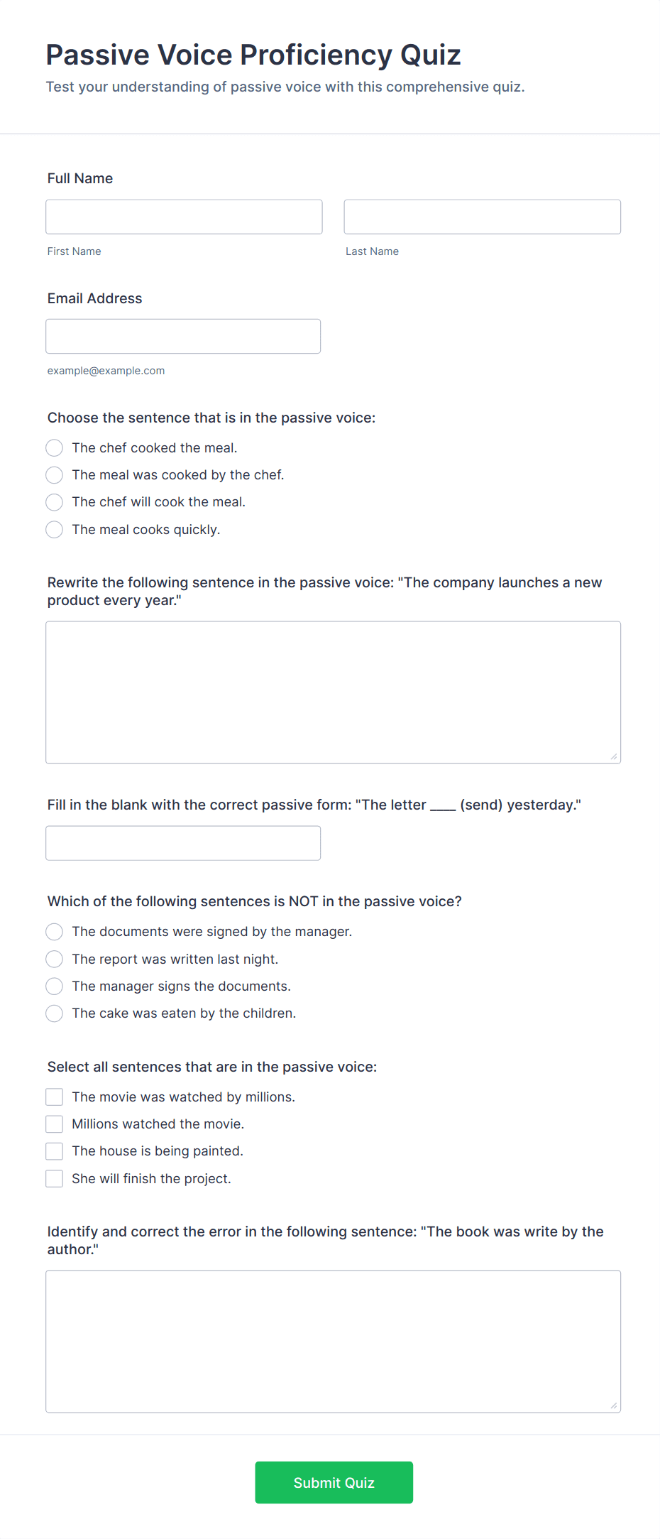 Passive Voice Proficiency Quiz Form Template | Jotform