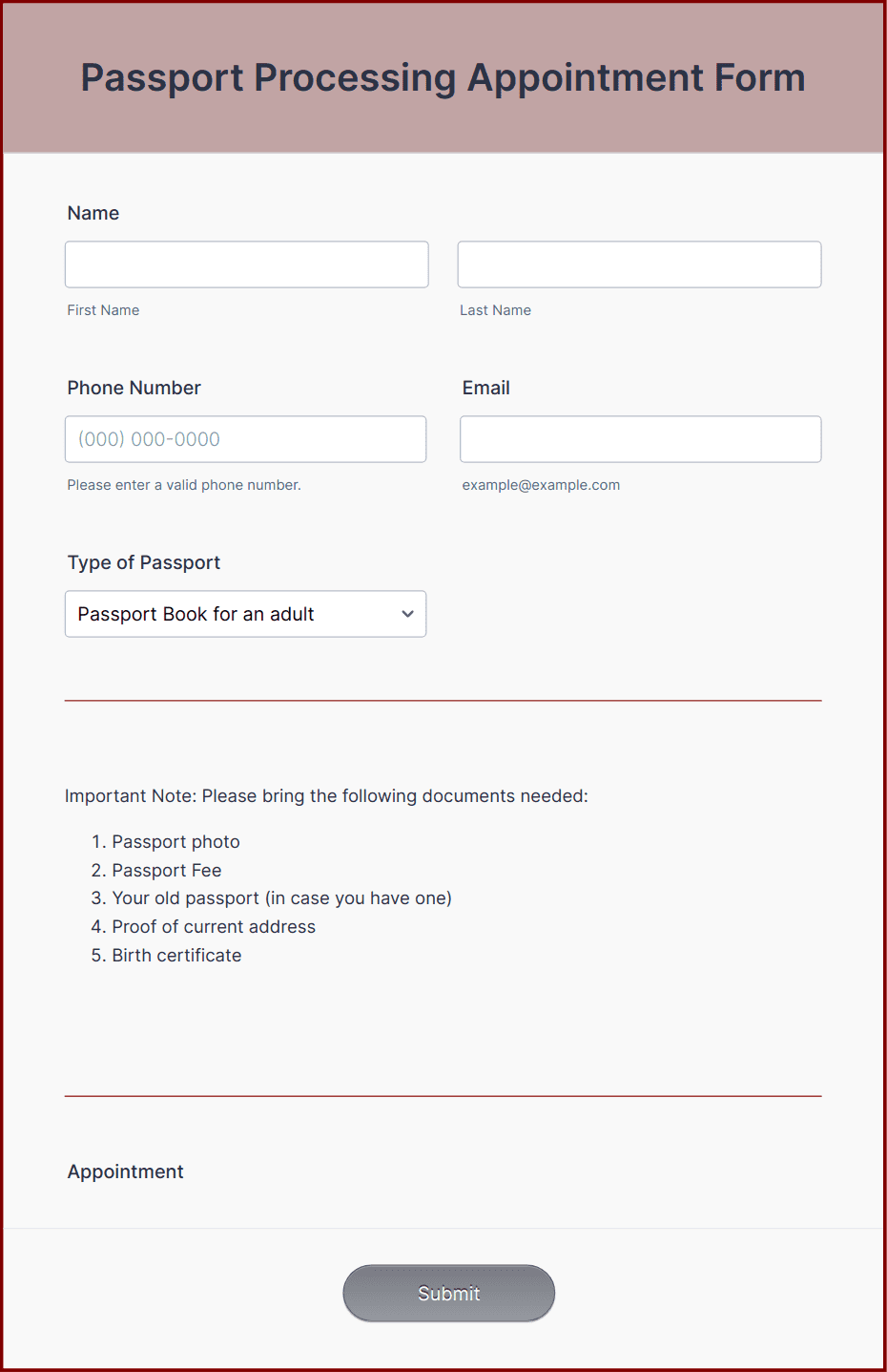 Passport Processing Appointment Form Template | Jotform