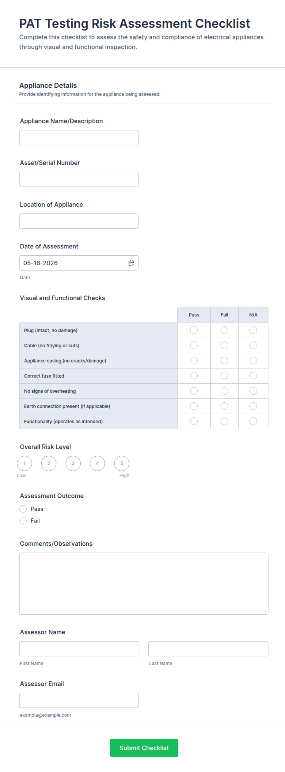 PAT Testing Risk Assessment Checklist Form Template | Jotform