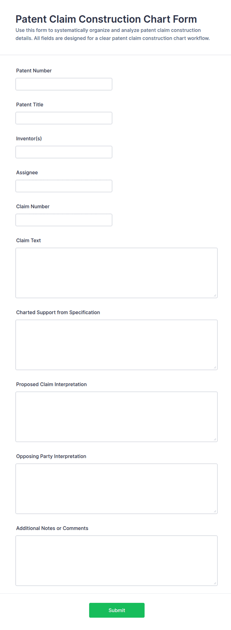 Patent Claim Construction Chart Form Template | Jotform