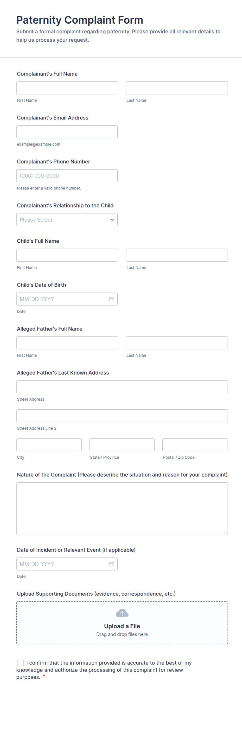 Paternity Complaint Form Template | Jotform