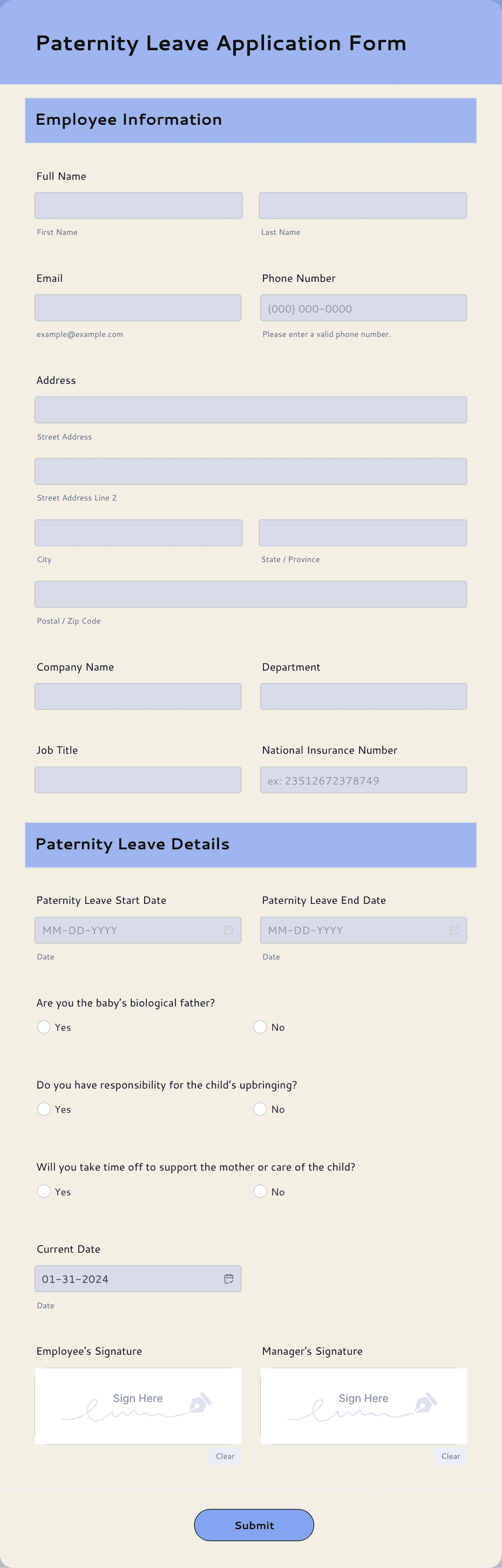 Paternity Leave Application Form Template | Jotform