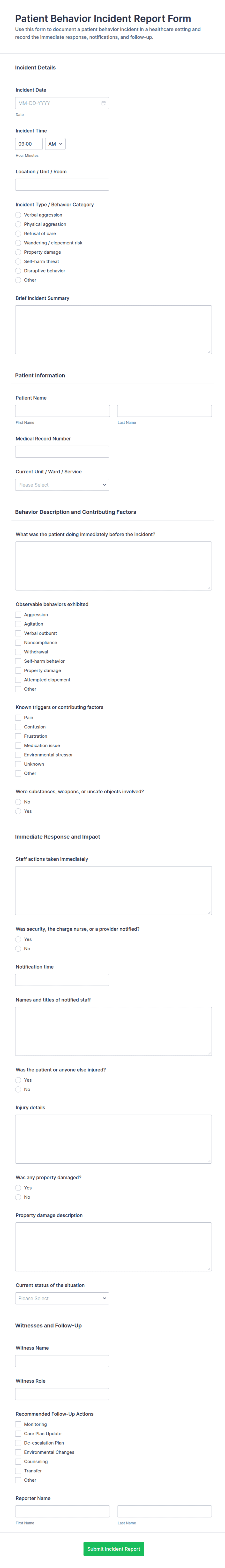 Patient Behavior Incident Report Form Template | Jotform
