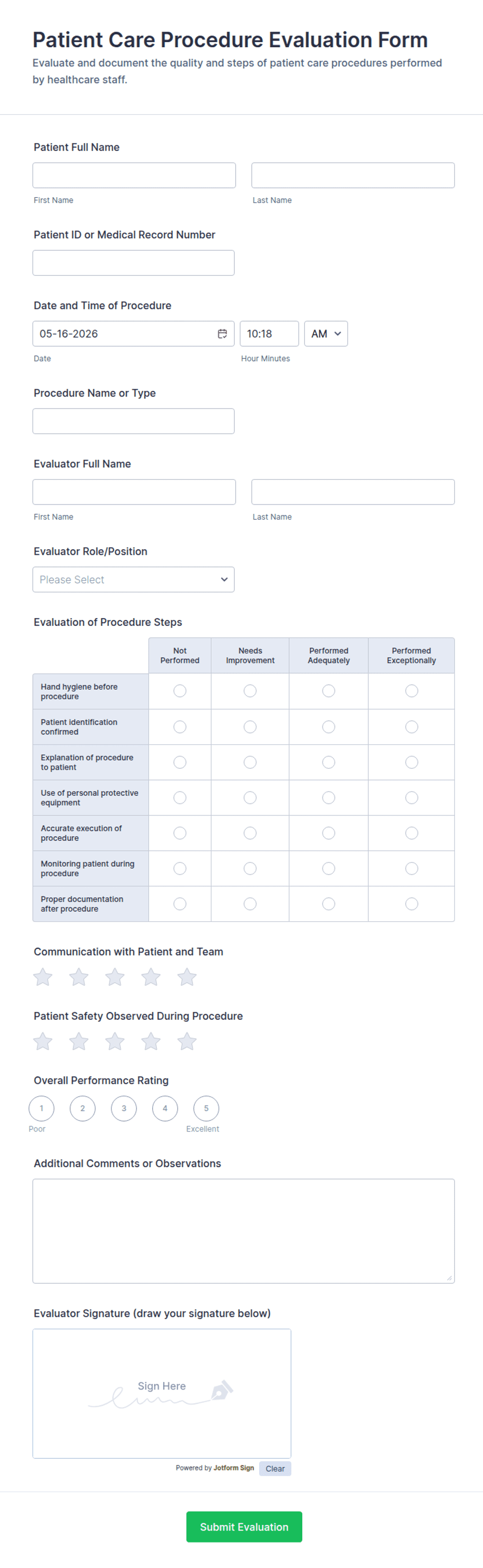 Patient Care Procedure Evaluation Form Template | Jotform