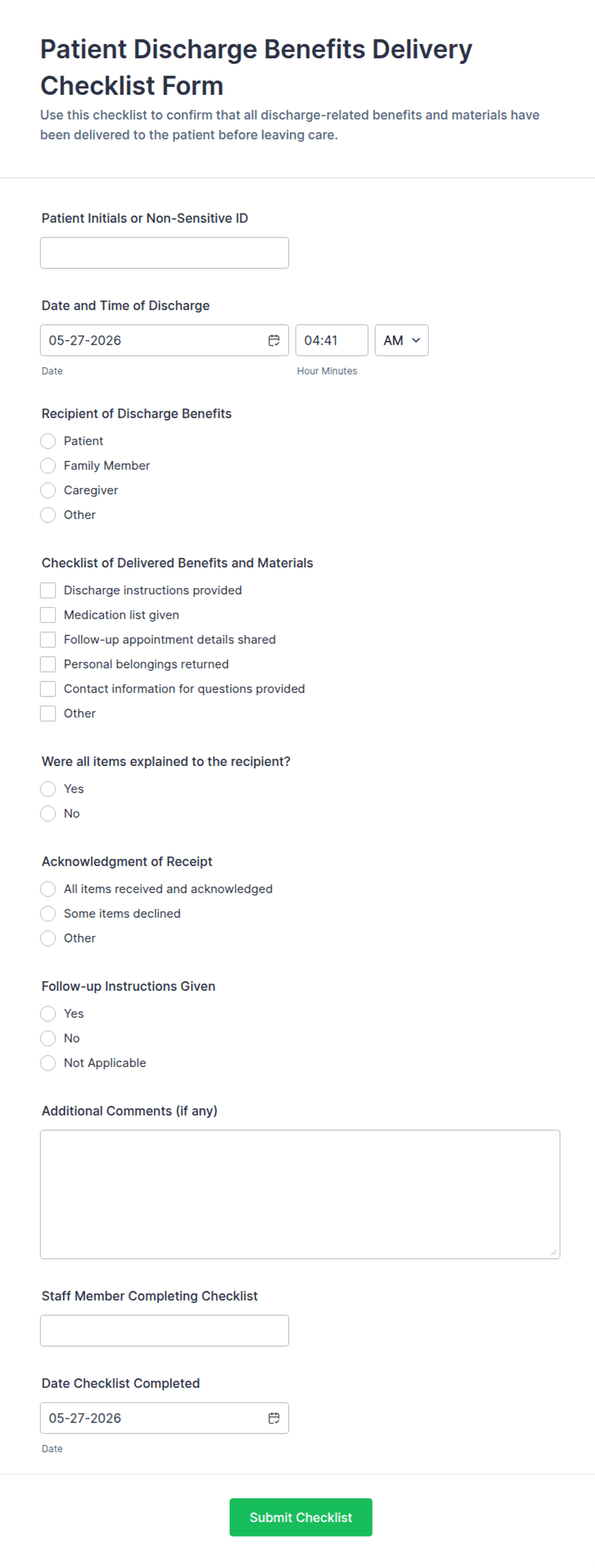 Patient Discharge Benefits Delivery Checklist Form Template | Jotform