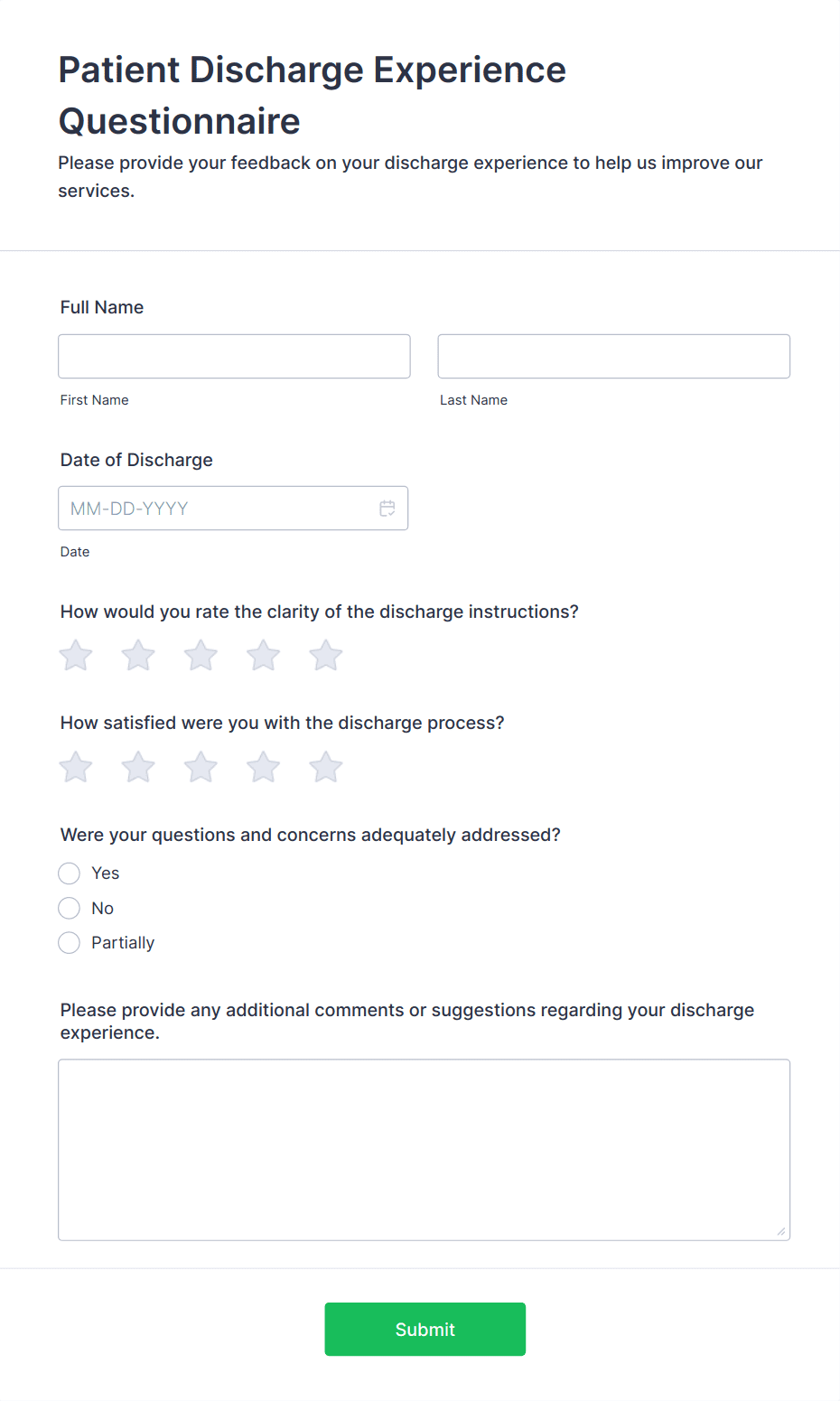 Patient Discharge Experience Questionnaire Form Template | Jotform