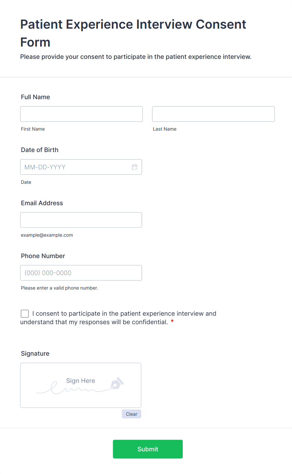 Patient Experience Interview Consent Form Template | Jotform