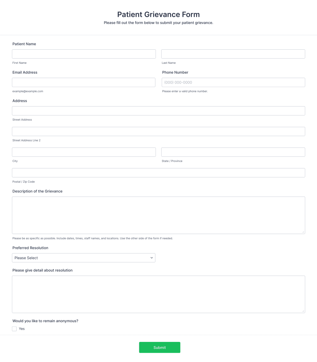 Patient Grievance Form Template | Jotform
