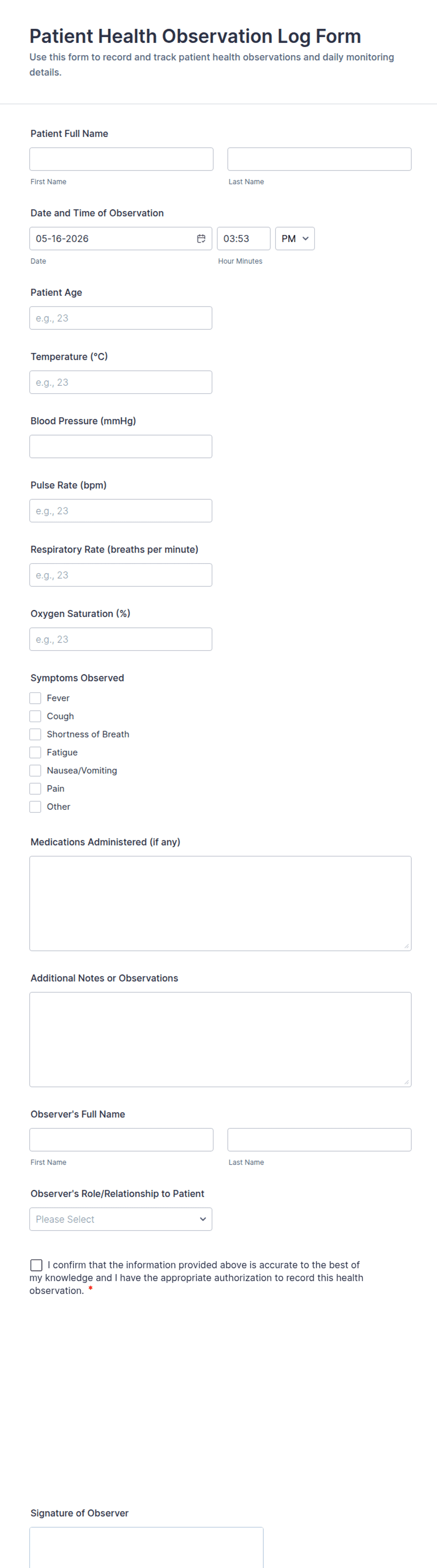 Patient Health Observation Log Form Template | Jotform