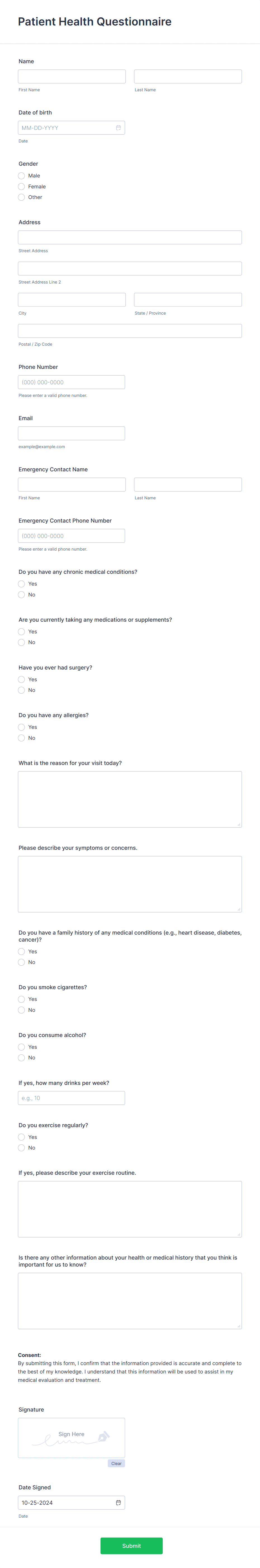 Patient Health Questionnaire Form Template | Jotform