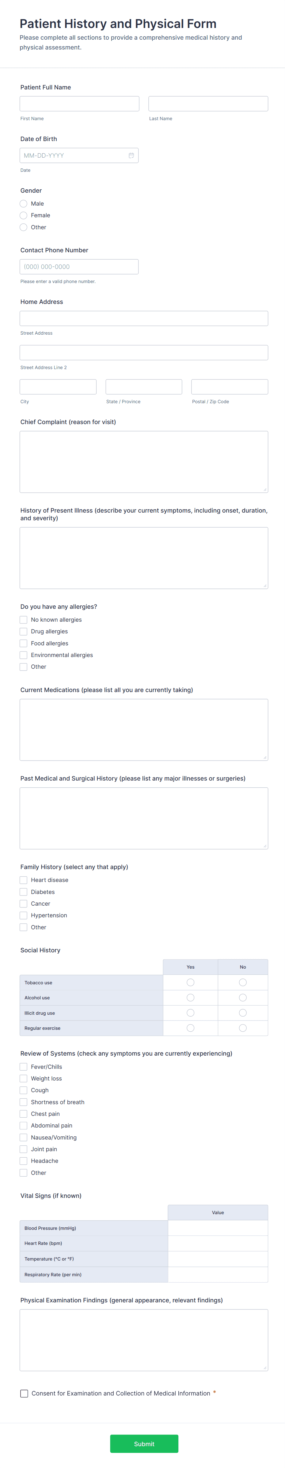 Patient History and Physical Form Form Template | Jotform