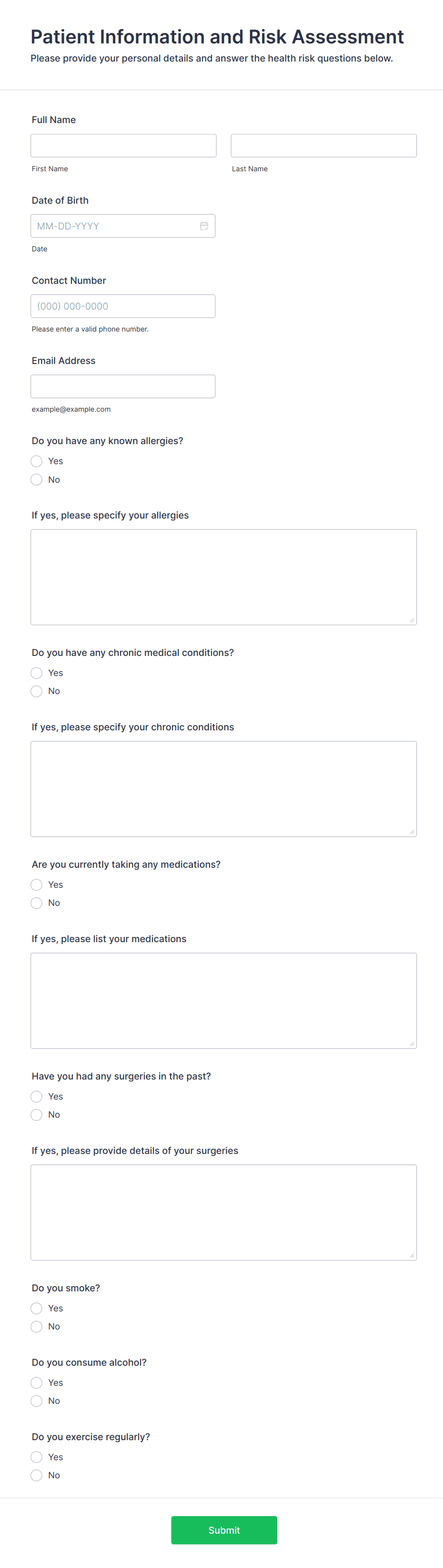 Patient Information and Risk Assessment Form Template | Jotform