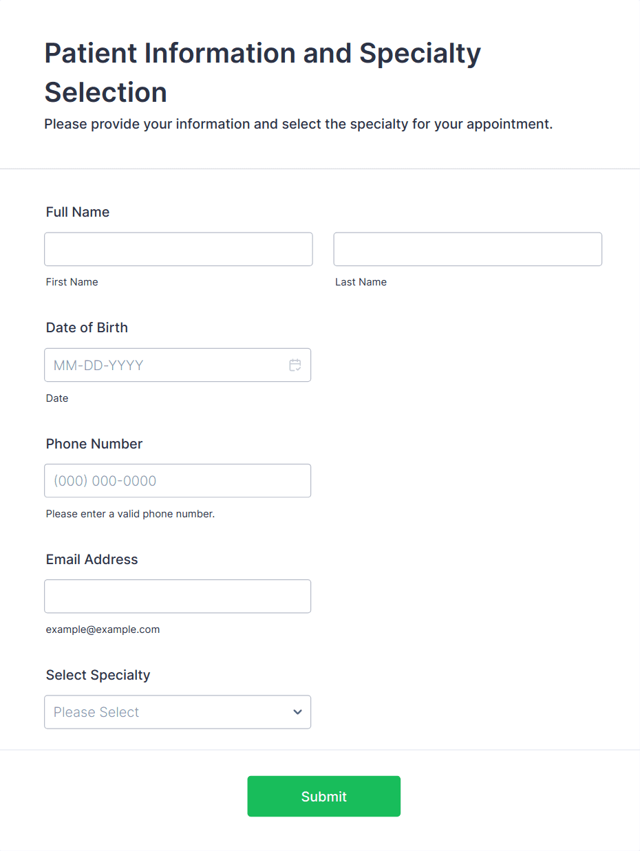 Patient Information and Specialty Selection Form Template | Jotform