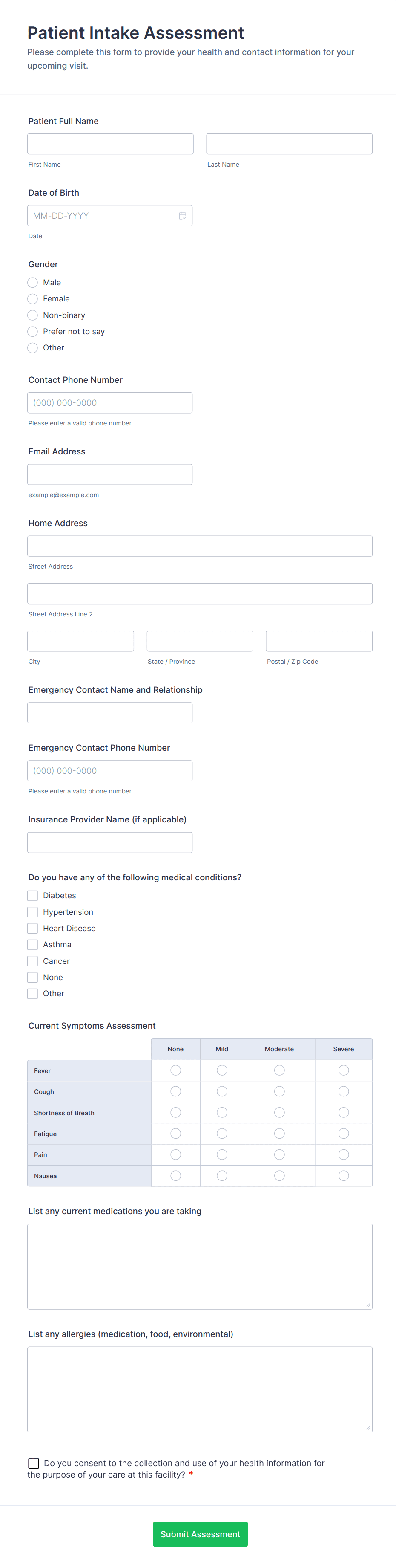 Patient Intake Assessment Form Template | Jotform