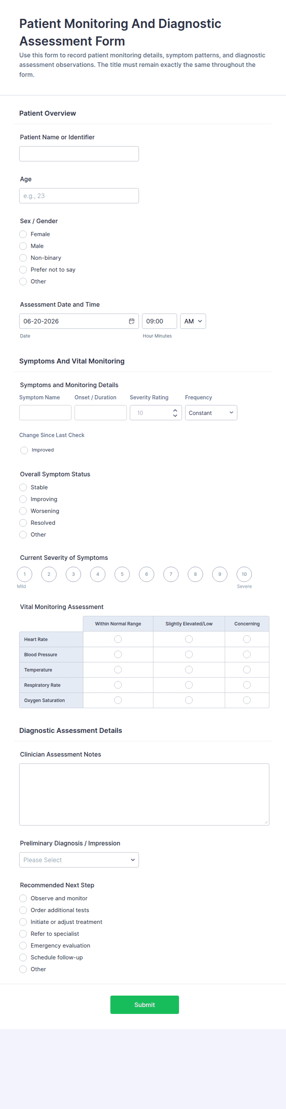 Patient Monitoring and Diagnostic Assessment Form Template | Jotform