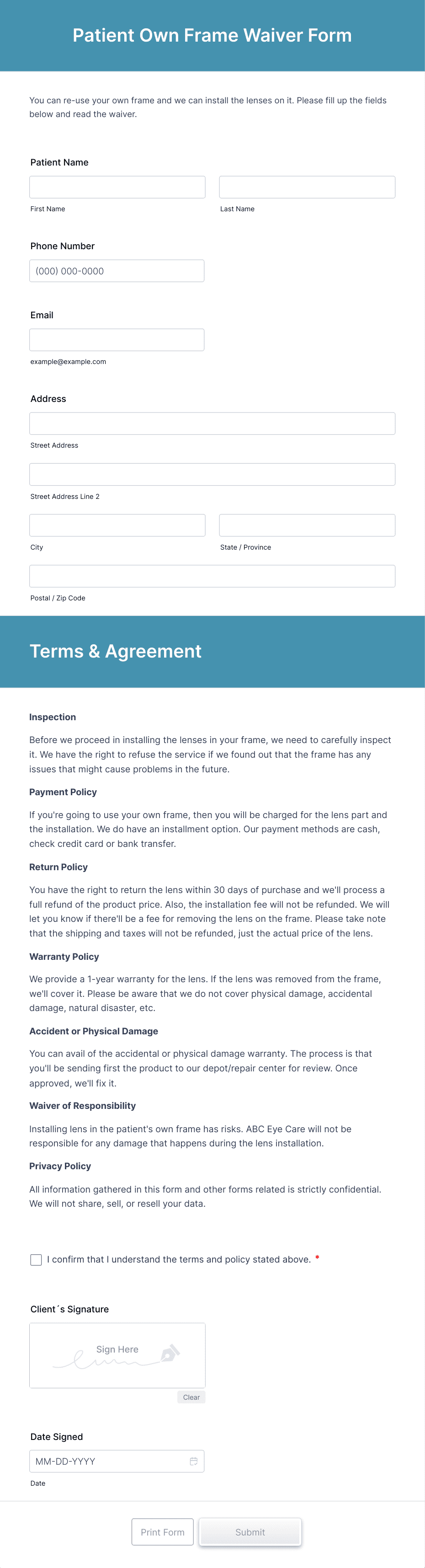 Patient Own Frame Waiver Form Template | Jotform