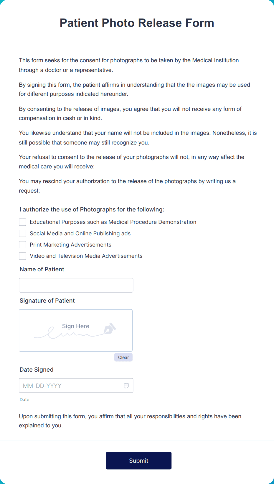 Patient Photo Release Form Template | Jotform