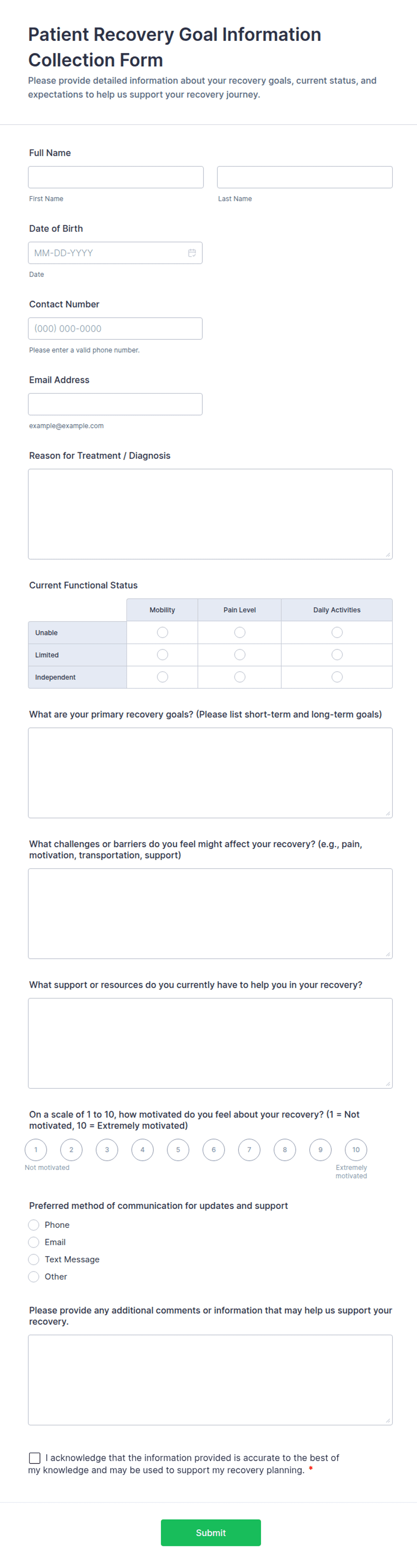 Patient Recovery Goal Information Collection Form Template | Jotform
