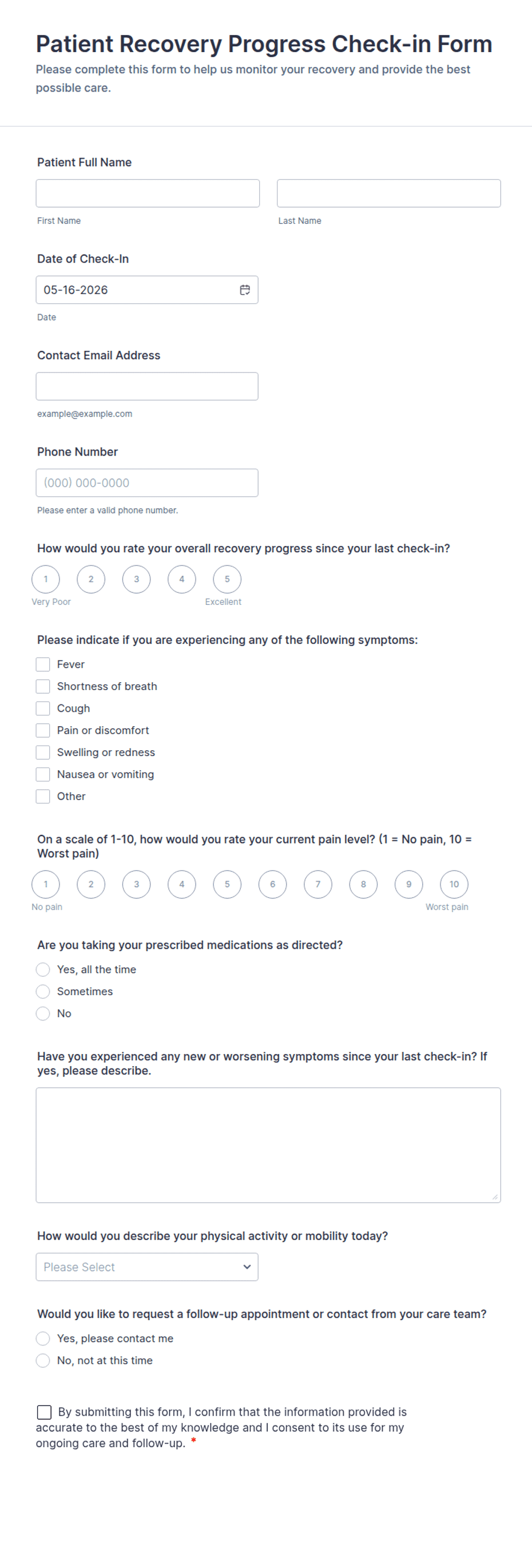 Patient Recovery Progress Check-in Form Template | Jotform