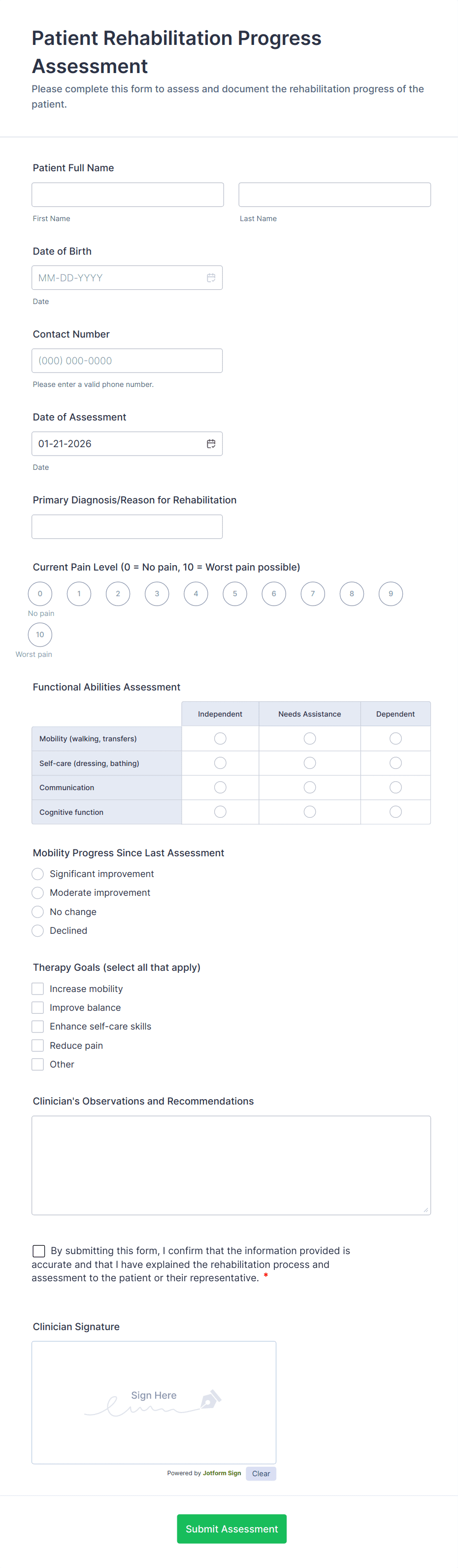 Patient Rehabilitation Progress Assessment Form Template | Jotform