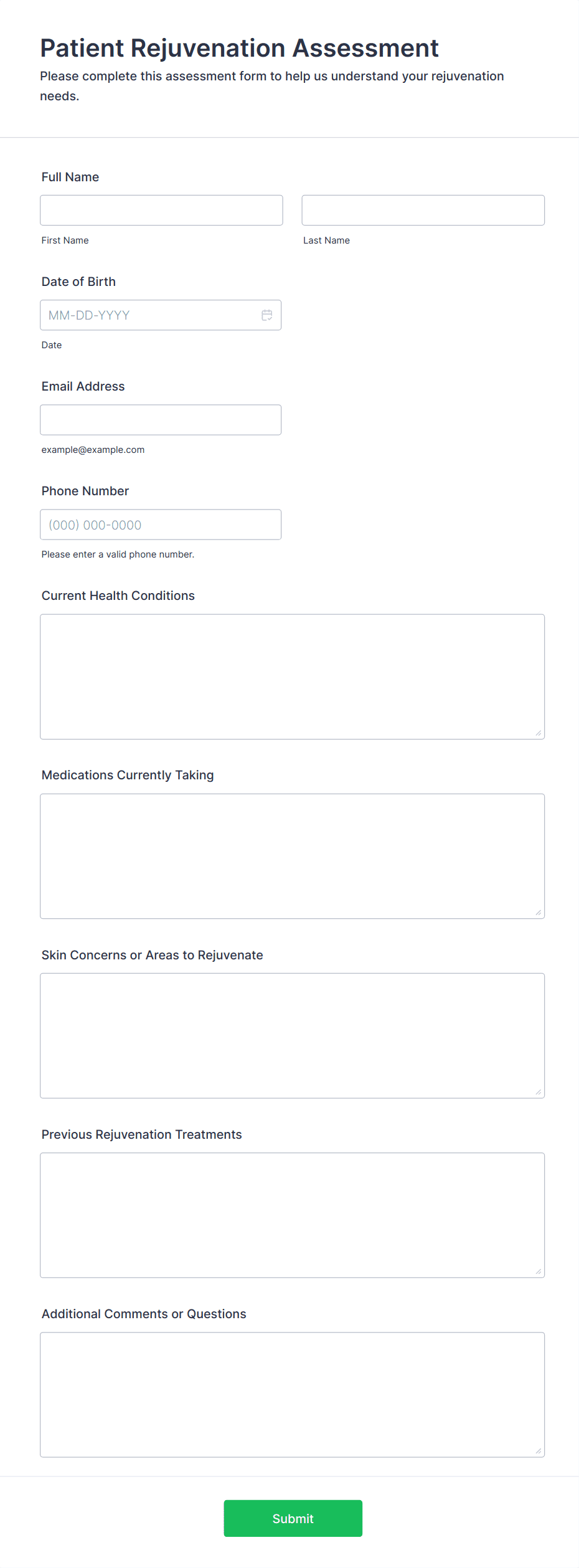 Patient Rejuvenation Assessment Form Template | Jotform