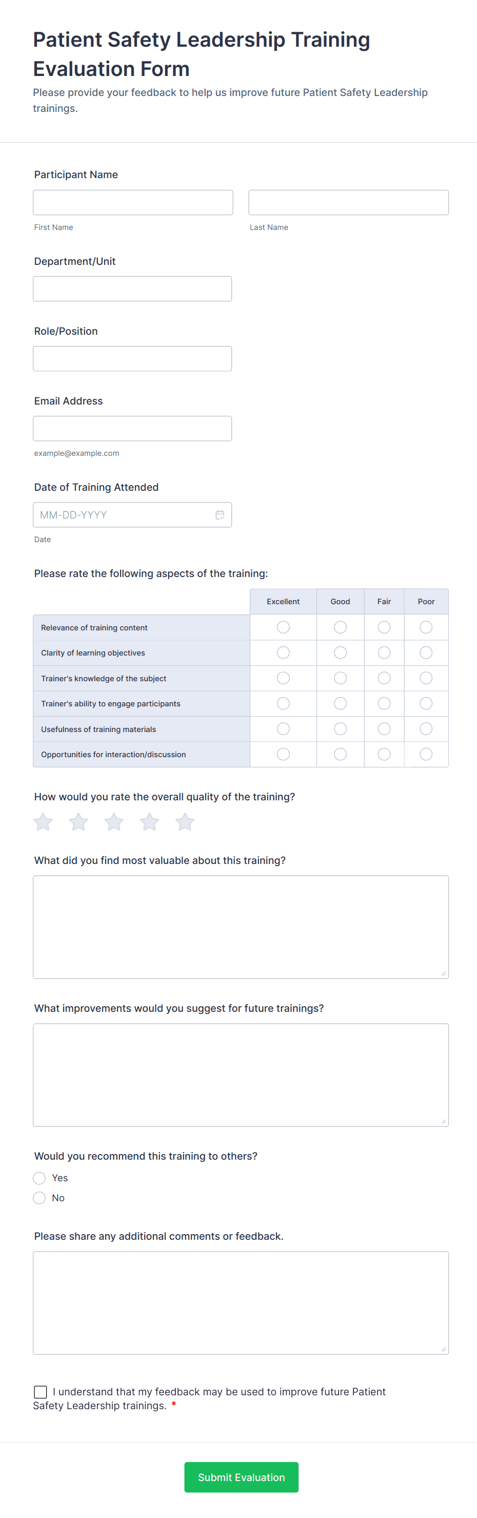Patient Safety Leadership Training Evaluation Form Template | Jotform