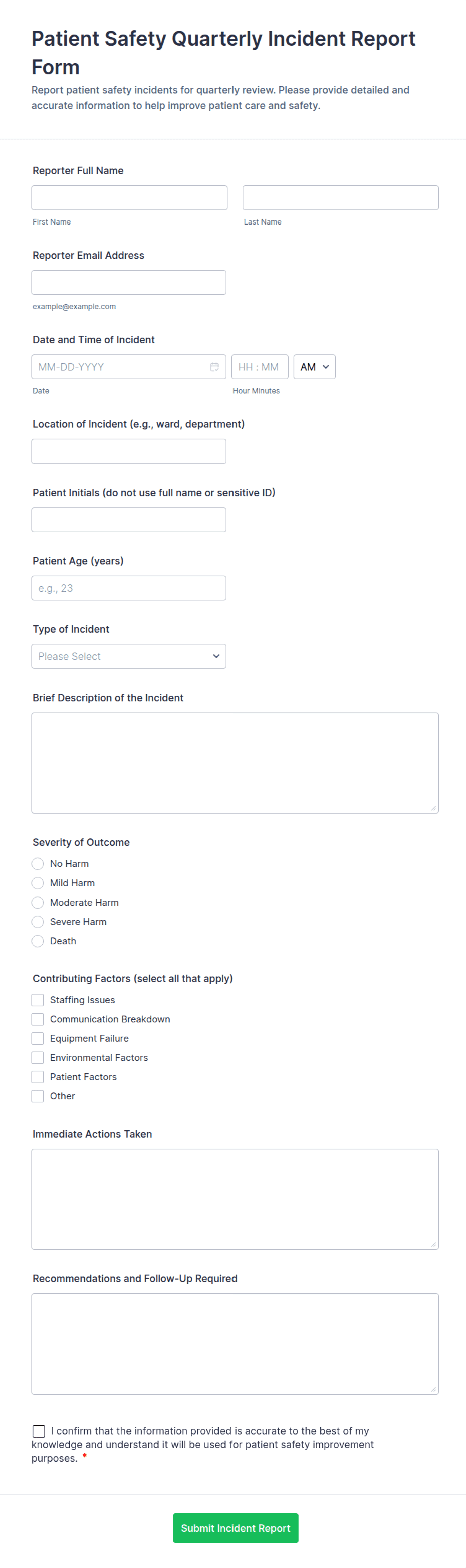 Patient Safety Quarterly Incident Report Form Template | Jotform