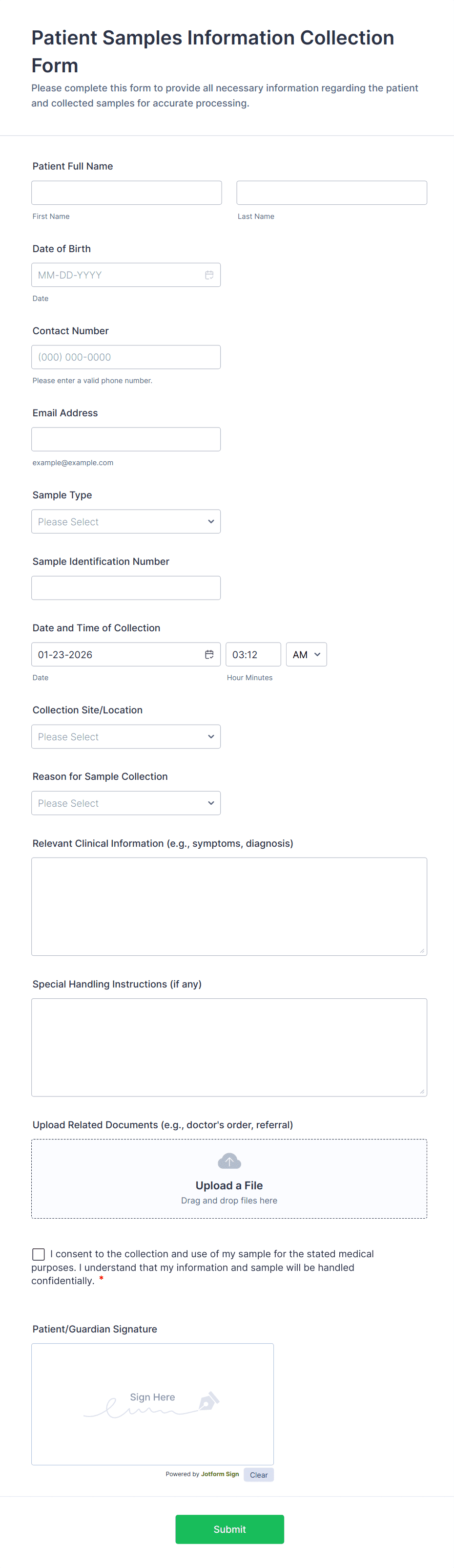 Patient Samples Information Collection Form Template | Jotform