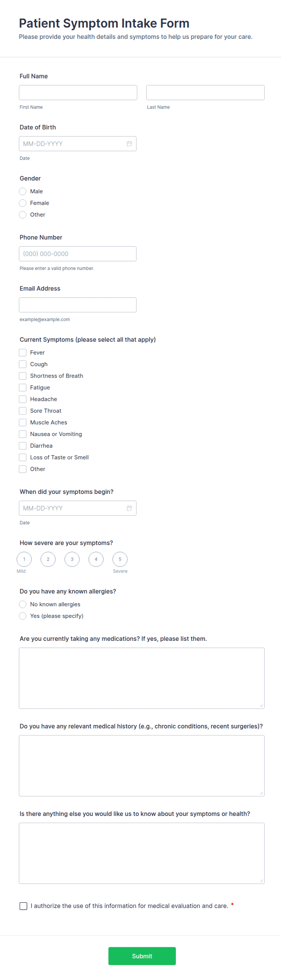 Patient Symptom Intake Form Template | Jotform