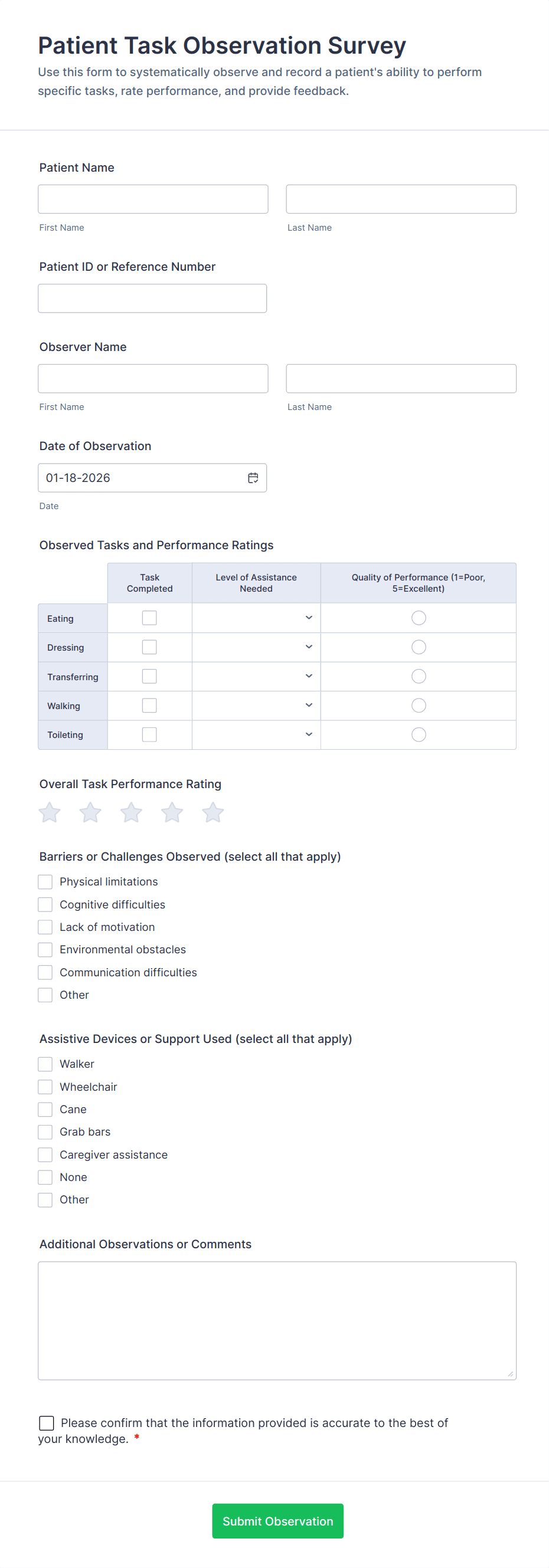 Patient Task Observation Survey Form Template | Jotform
