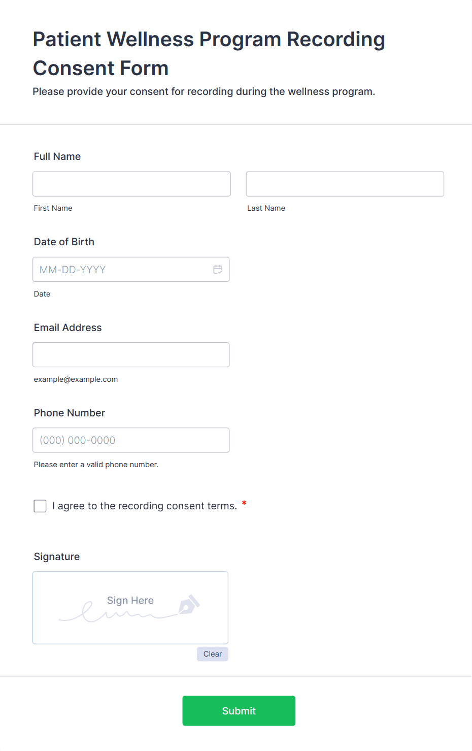 Patient Wellness Program Recording Consent Form Template | Jotform