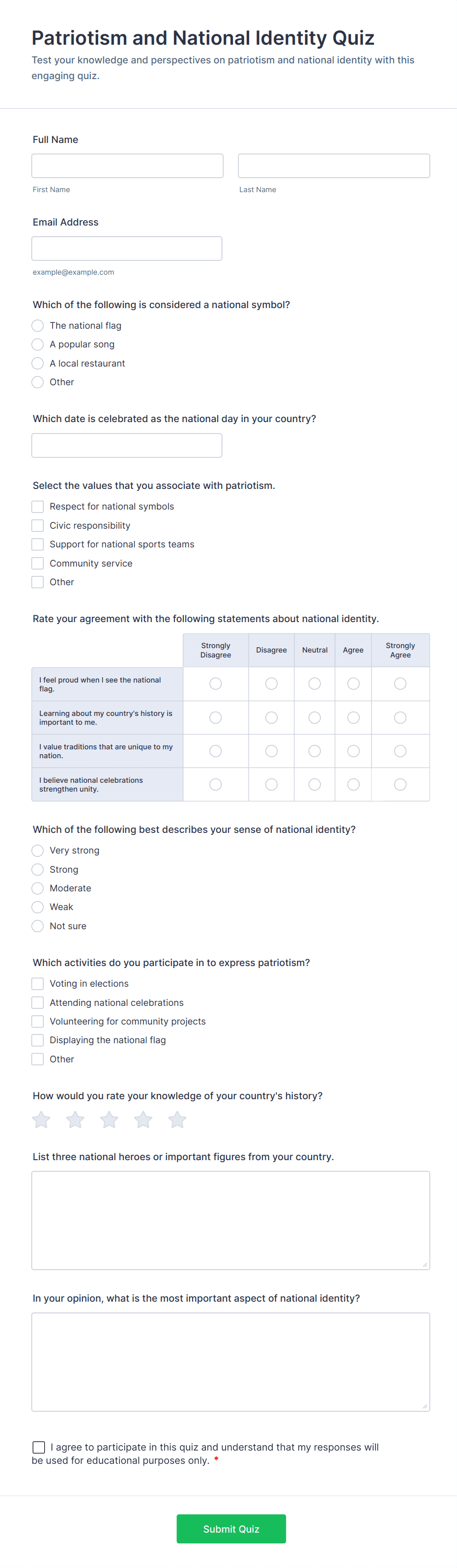 Patriotism and National Identity Quiz Form Template | Jotform