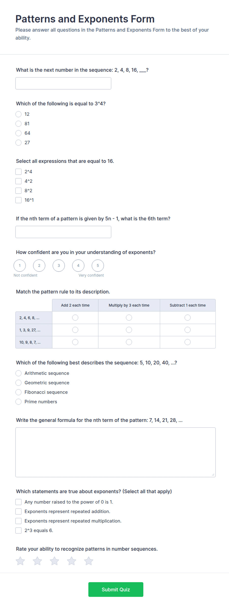 Patterns and Exponents Quiz Form Template | Jotform
