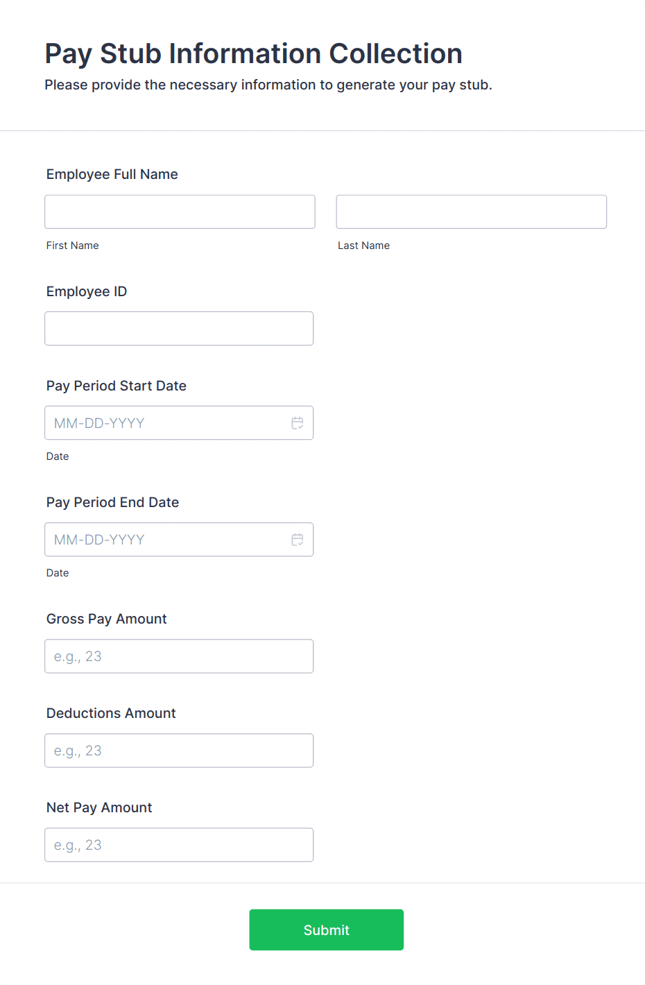 Pay Stub Information Collection Form Template | Jotform