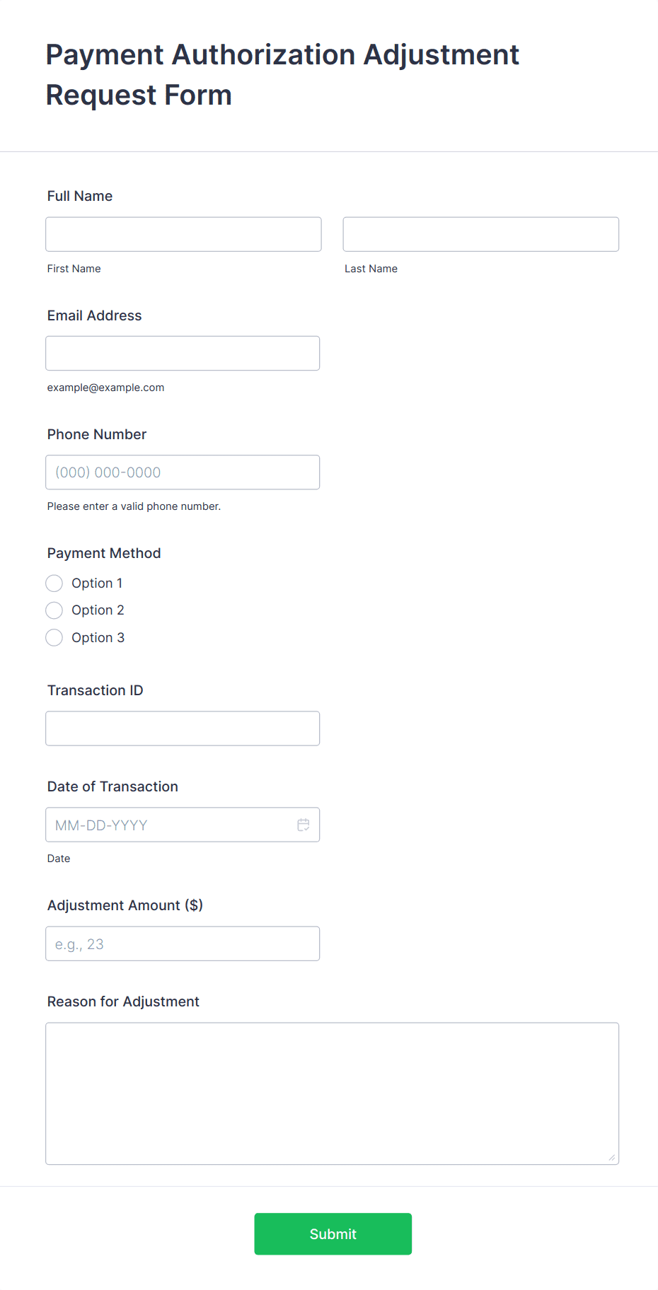 Payment Authorization Adjustment Request Form Template | Jotform