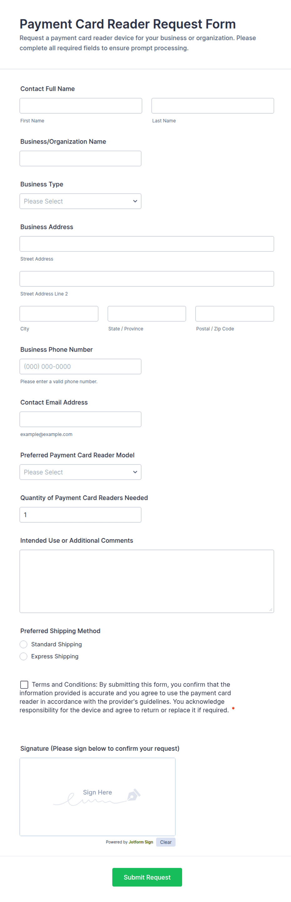 Payment Card Reader Request Form Template | Jotform