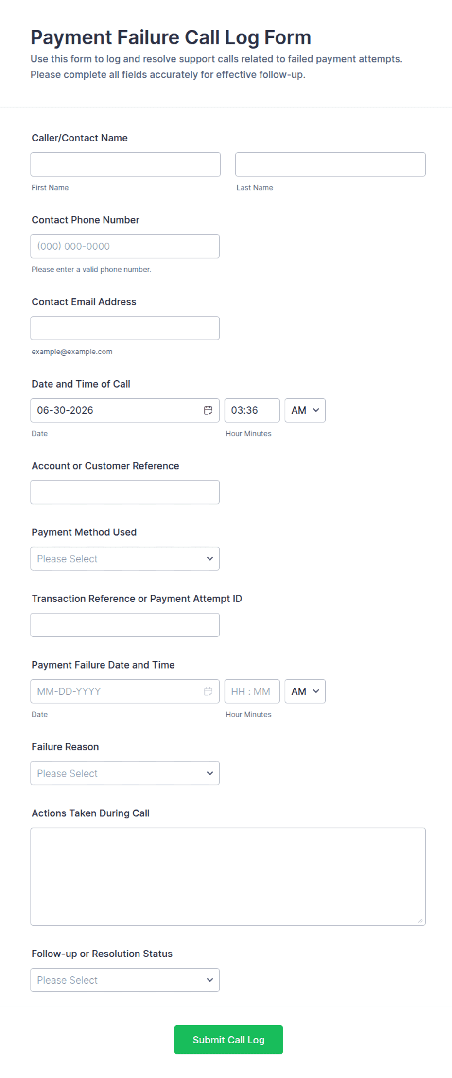Payment Failure Call Log Form Template | Jotform