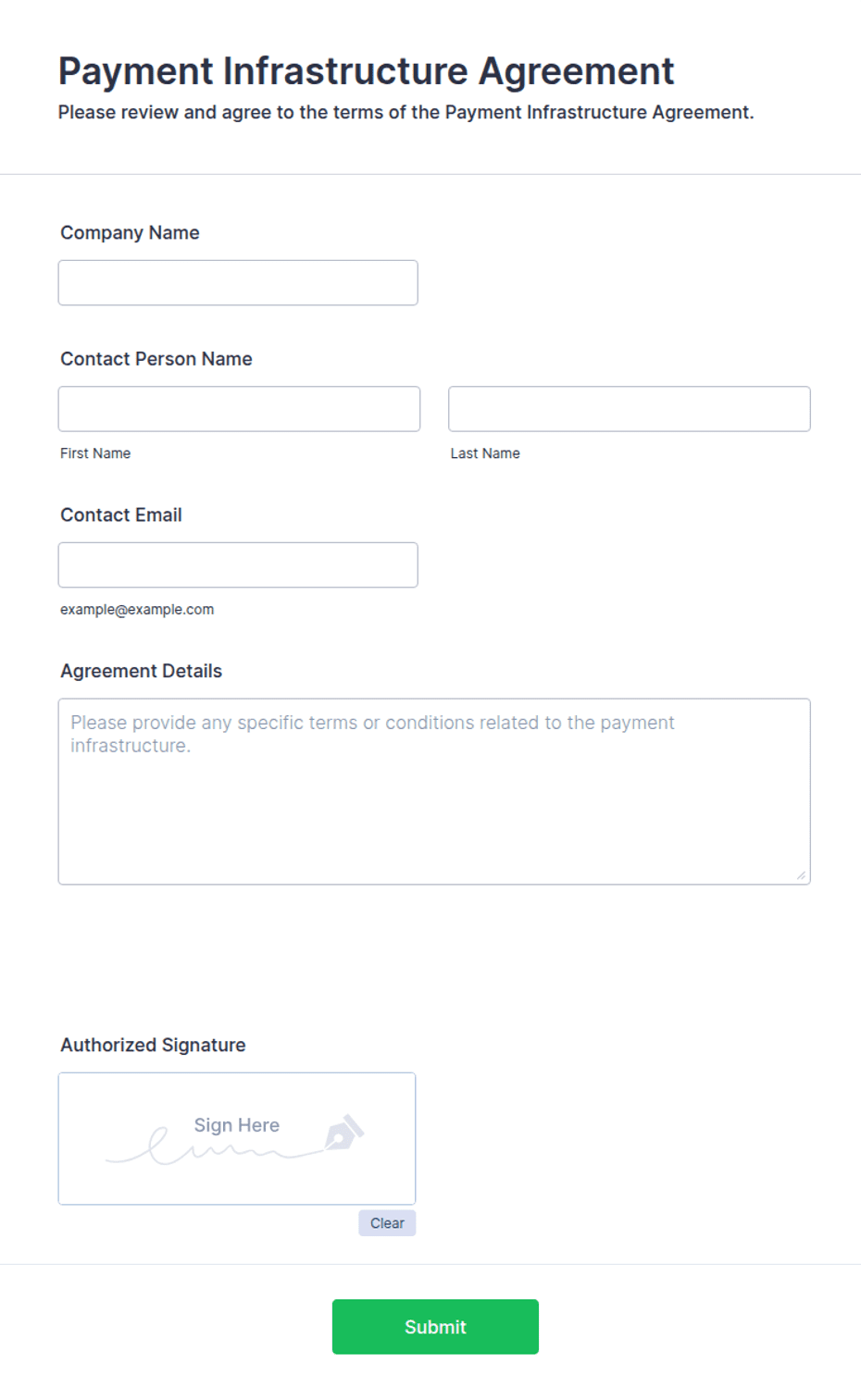 Payment Infrastructure Agreement Form Template | Jotform