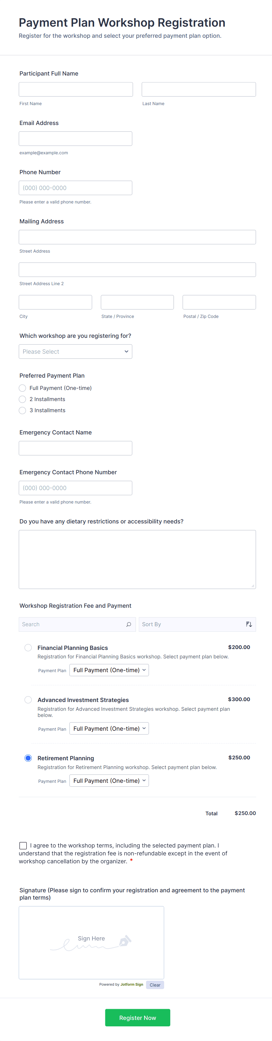 Payment Plan Workshop Registration Form Template | Jotform