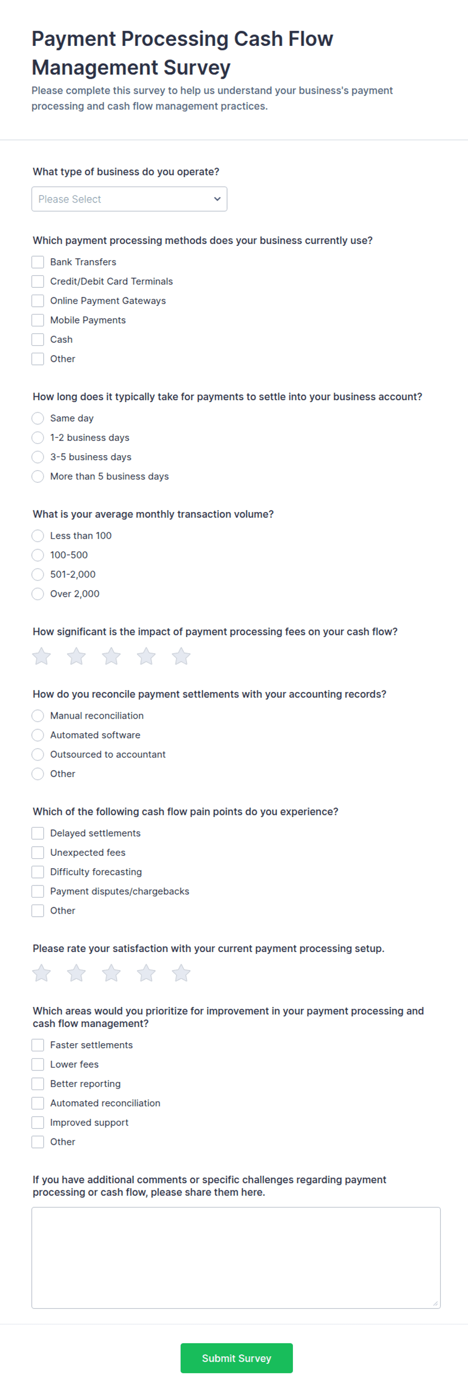 Payment Processing Cash Flow Management Survey Form Template | Jotform