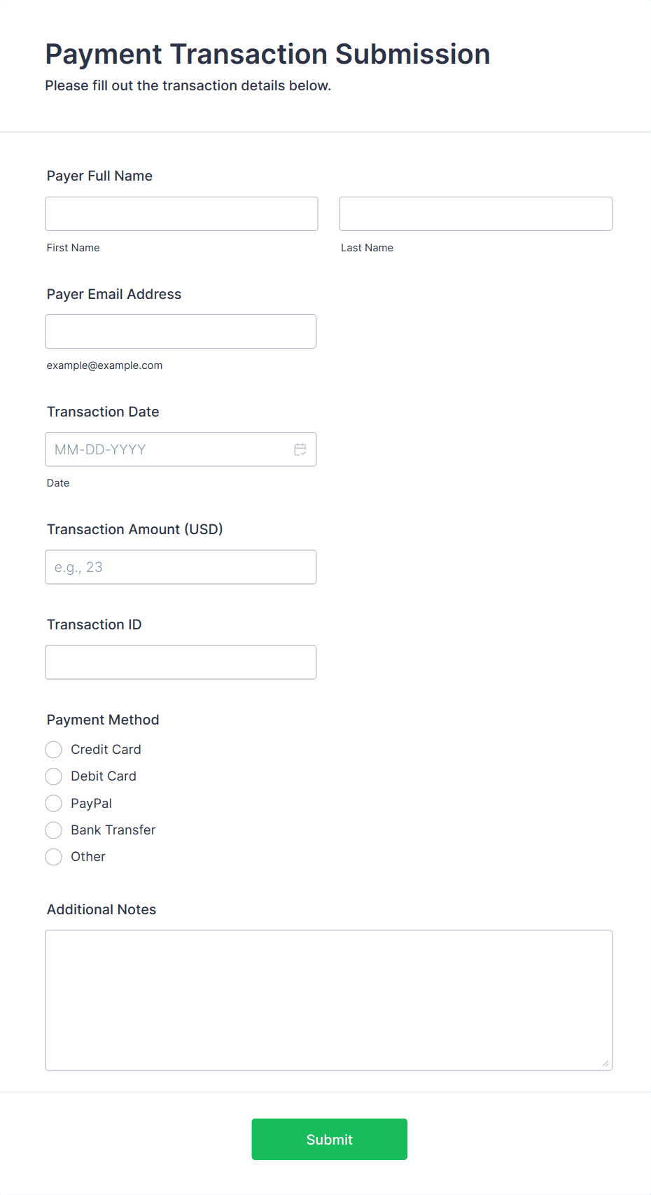 Payment Transaction Submission Form Template | Jotform