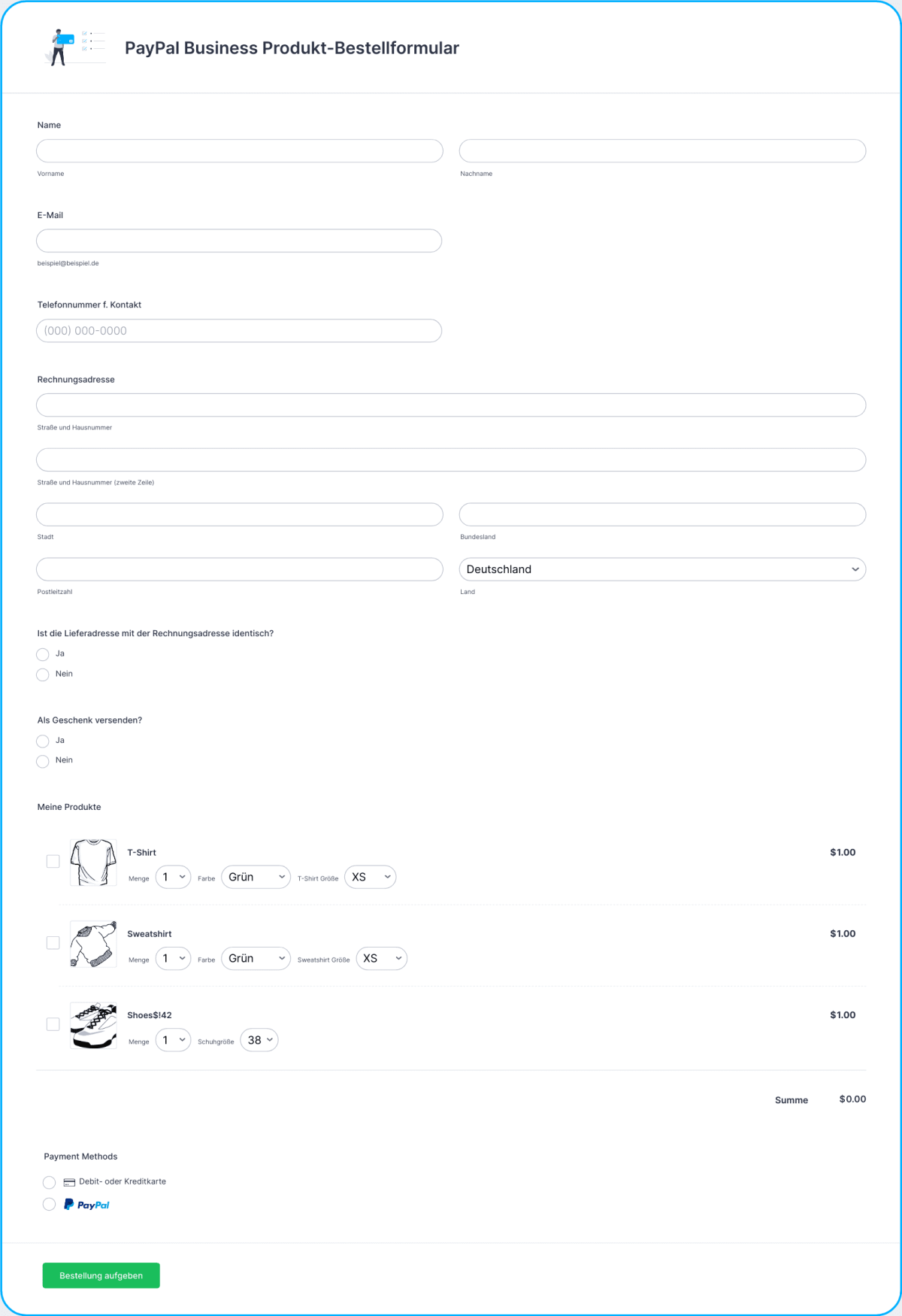PayPal Business Produkt-Bestellformular Formularvorlage | Jotform