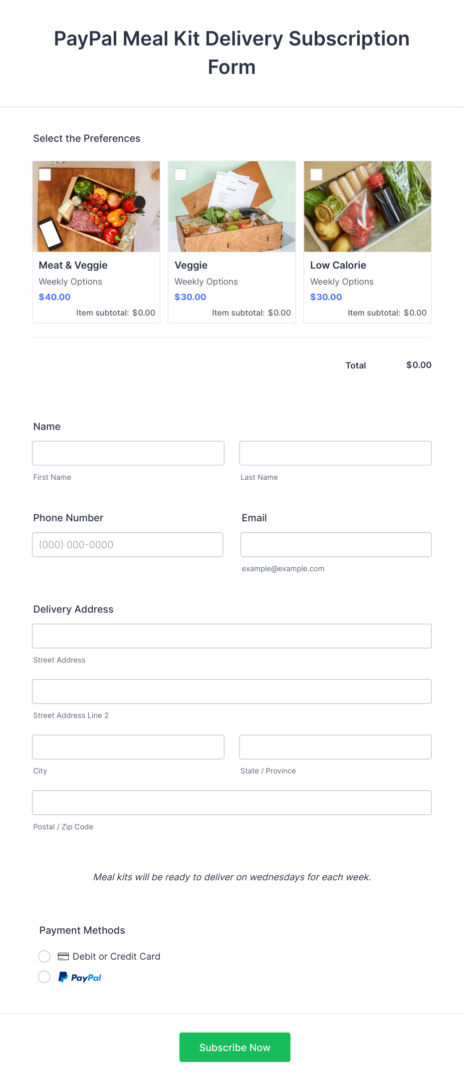PayPal Meal Kit Delivery Subscription Form Template | Jotform