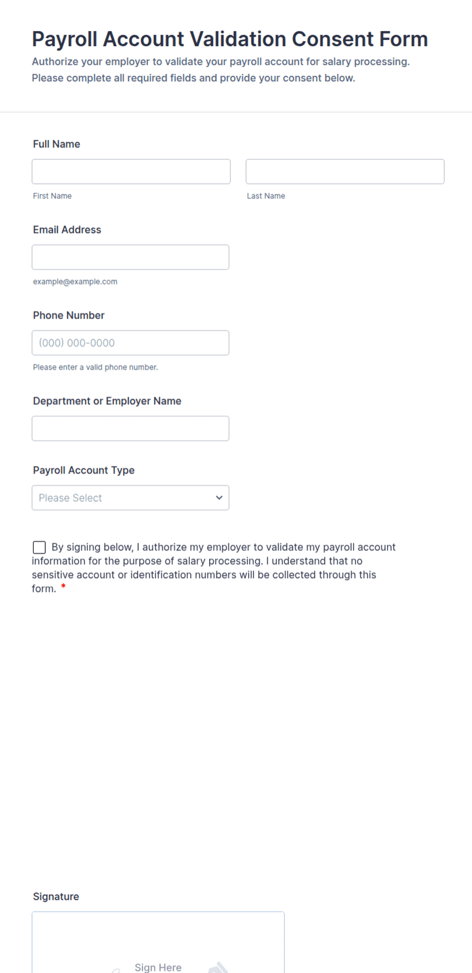 Payroll Account Validation Consent Form Template | Jotform