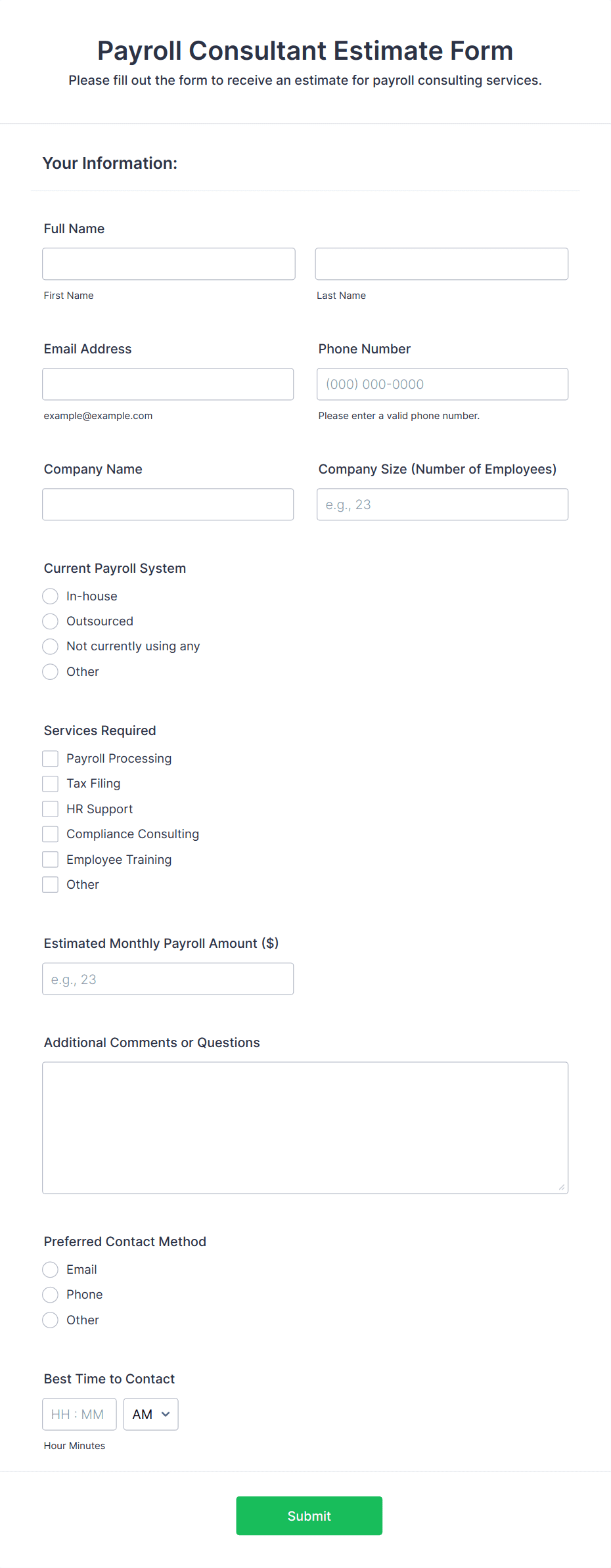 Payroll Consultant Estimate Form Template | Jotform