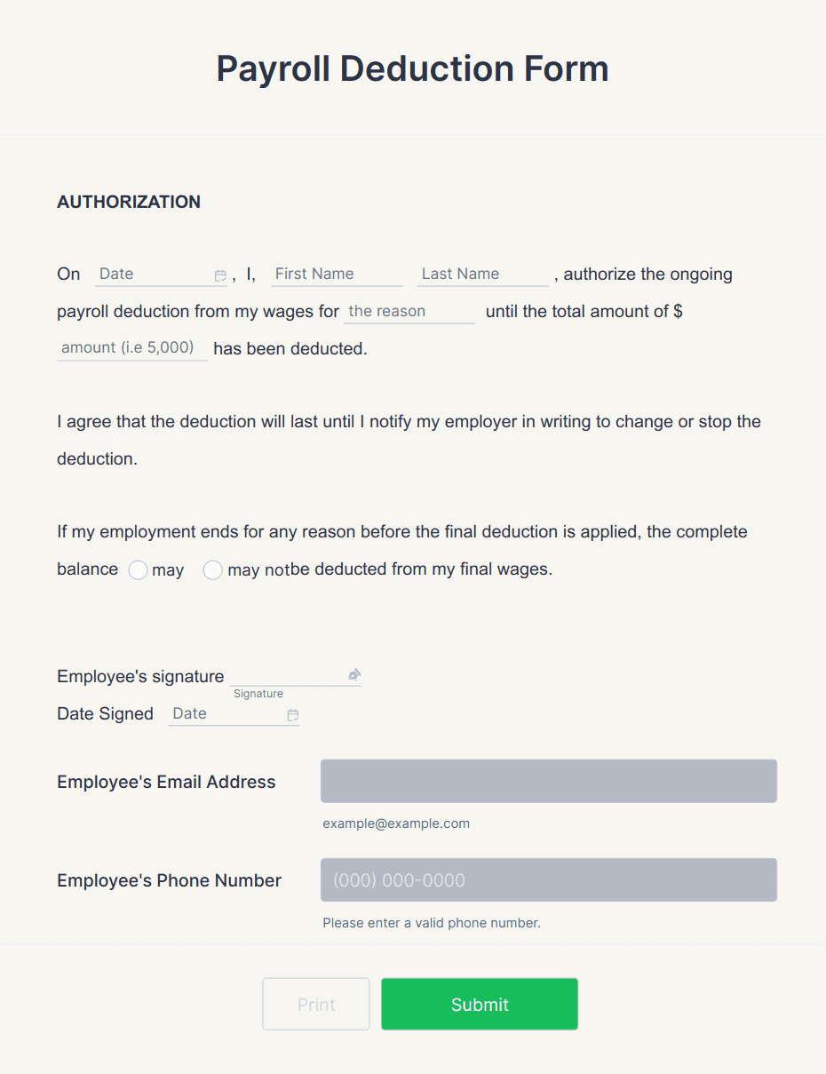 Payroll Deduction Form Template | Jotform