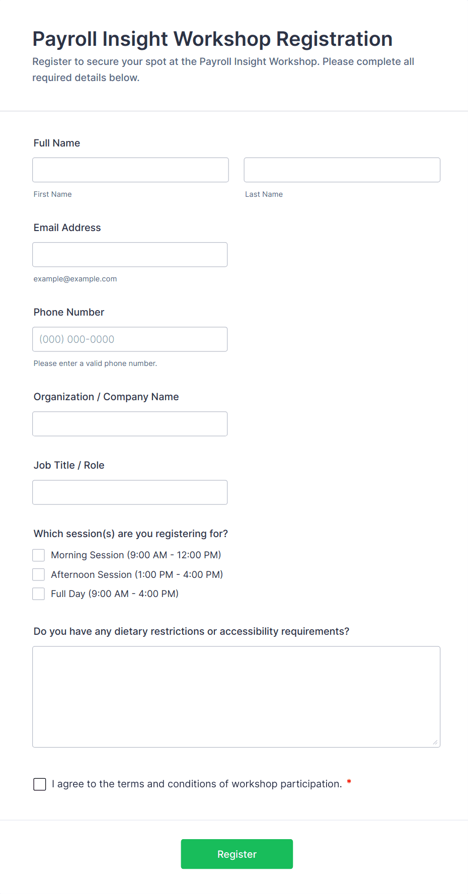 Payroll Insight Workshop Registration Form Template | Jotform